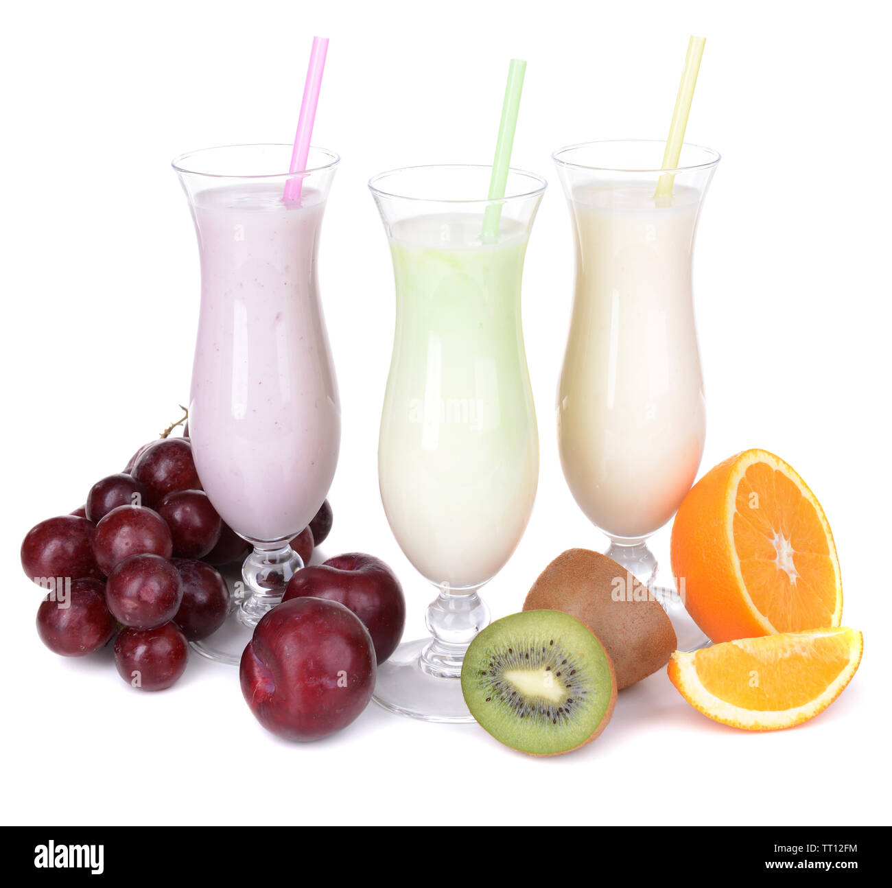 Milk shakes with fruits isolated on white Stock Photo - Alamy
