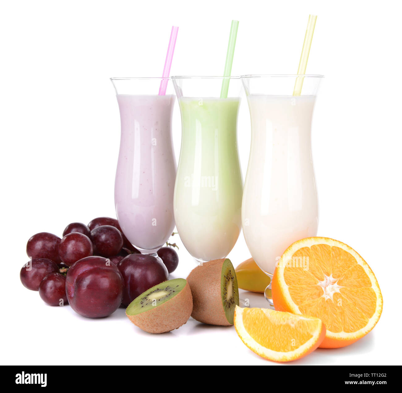 Milk shakes with fruits isolated on white Stock Photo - Alamy