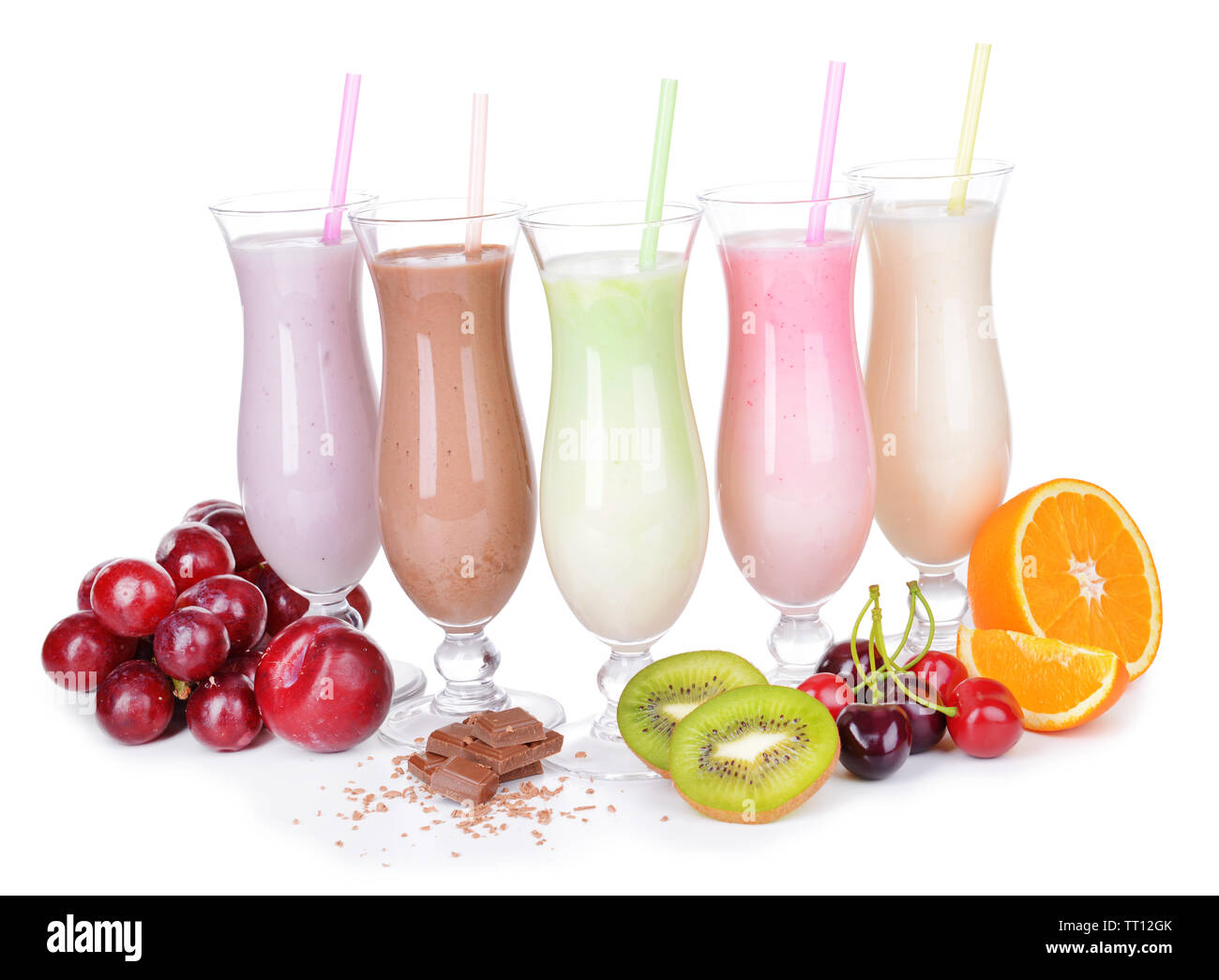 Milk shakes with fruits isolated on white Stock Photo - Alamy