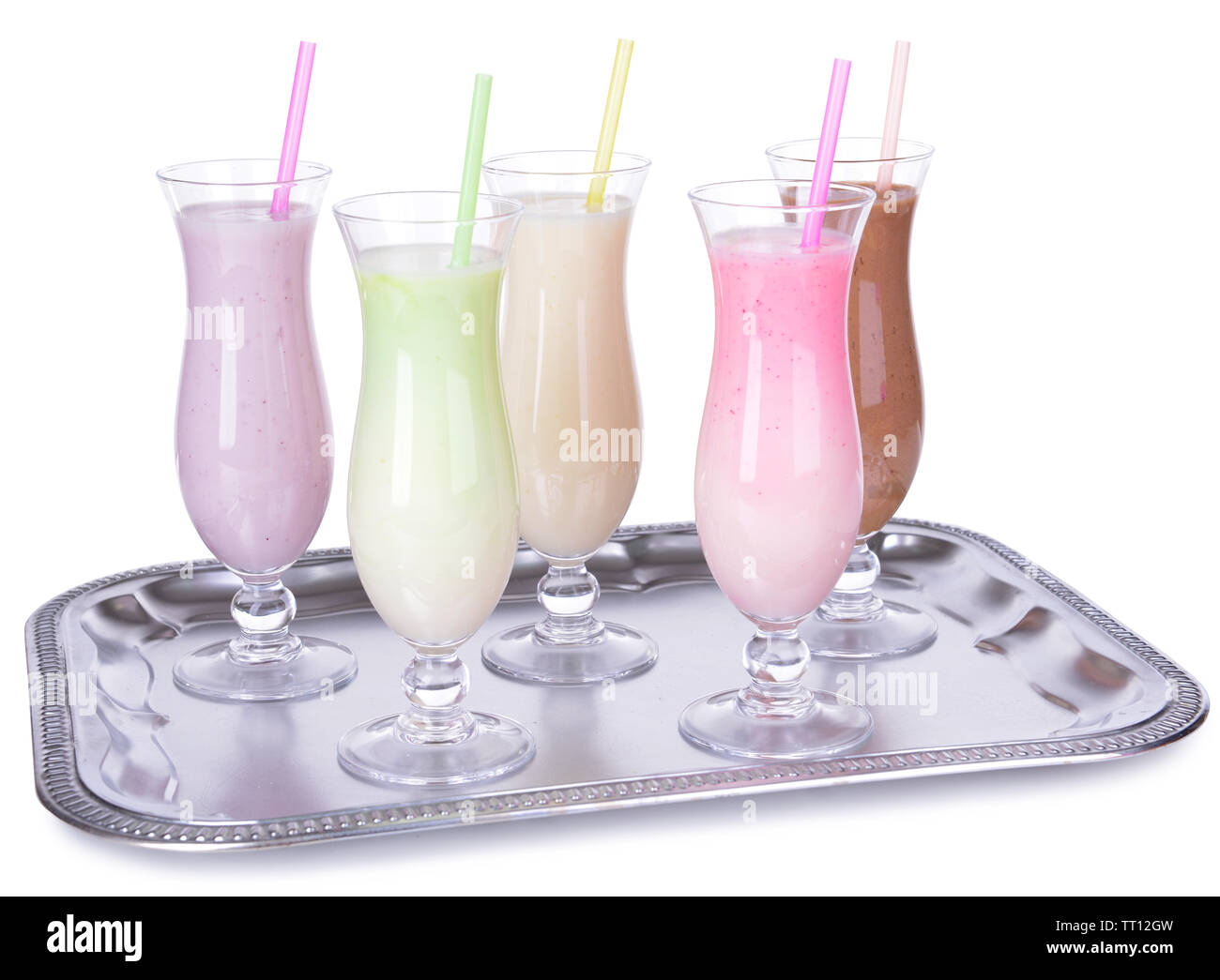 Milk shakes on tray isolated on white Stock Photo - Alamy
