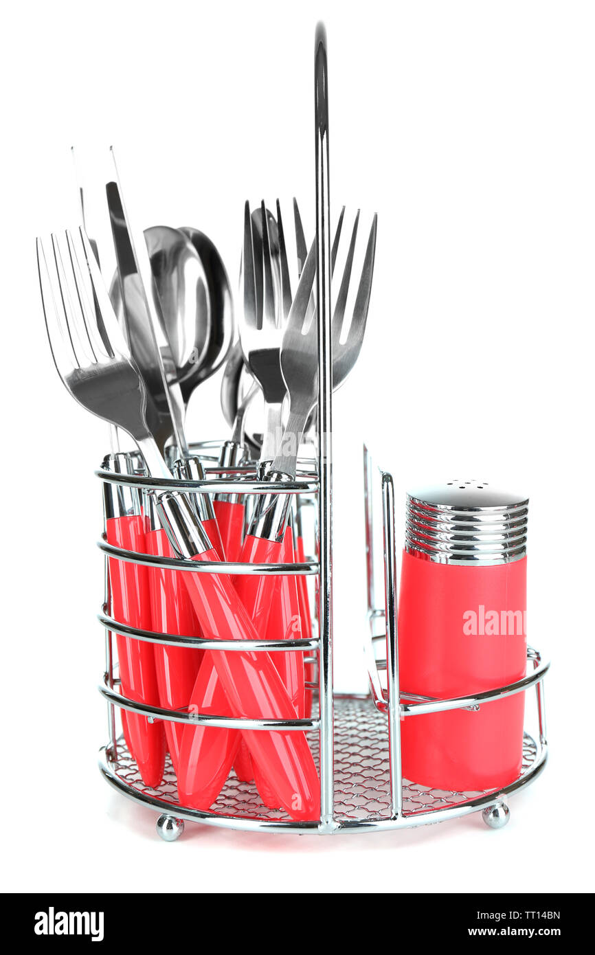 Kitchen cutlery in metal stand isolated on white Stock Photo - Alamy