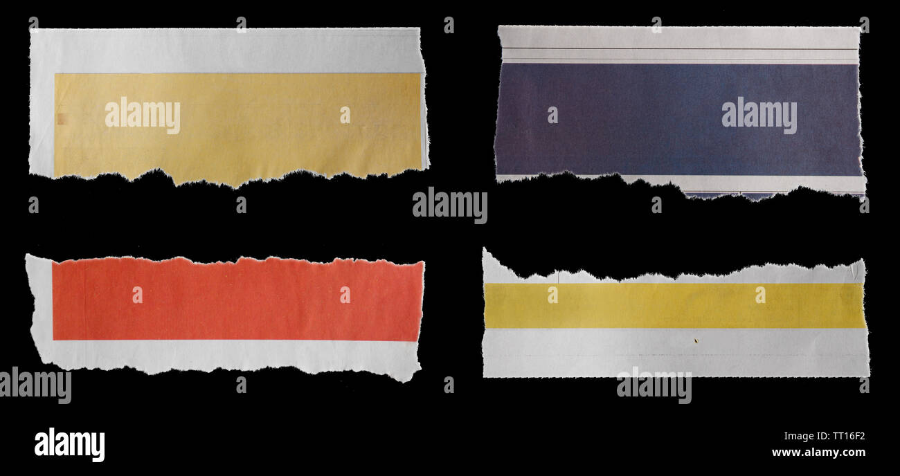 Four pieces of torn newspaper on black background Stock Photo - Alamy