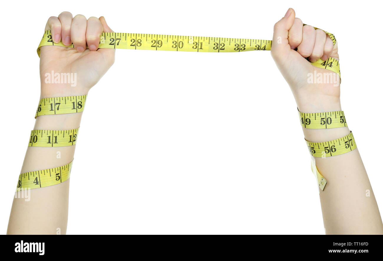 Woman hands with measuring tape isolated on white Stock Photo - Alamy