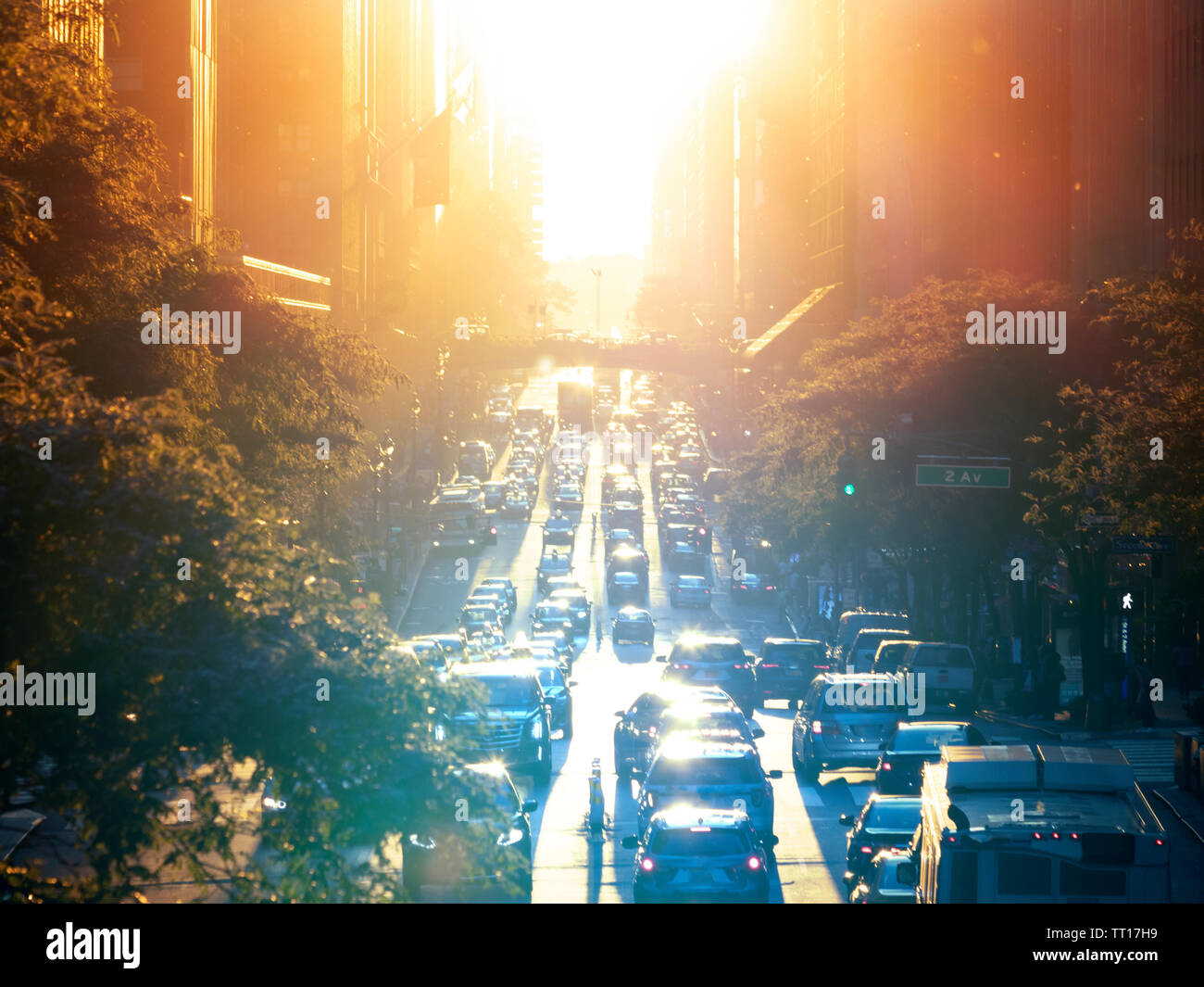 The colorful light of sunset shines on the cars, trucks and buses stuck ...