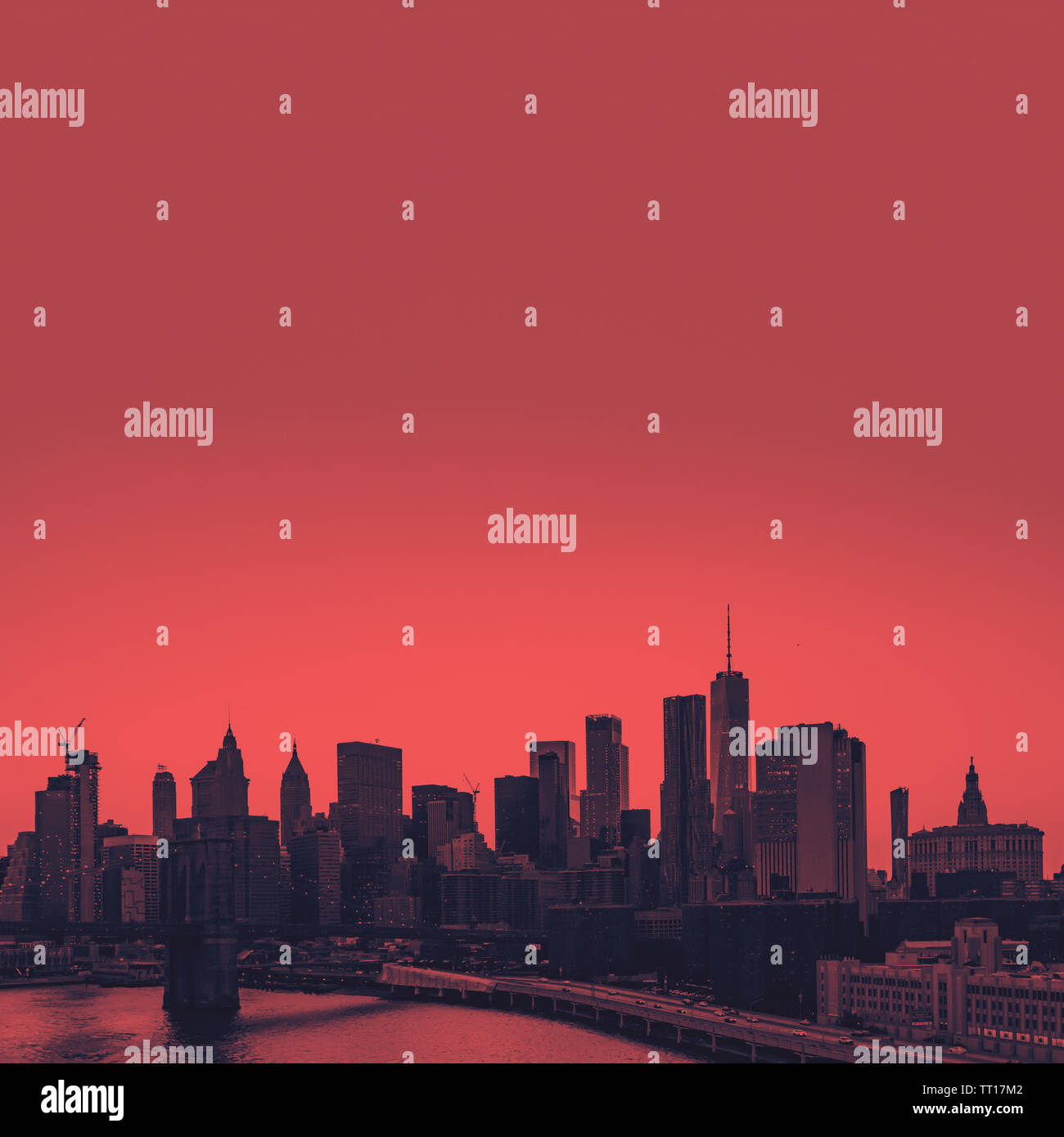 Red New York City skyline buildings in Manhattan with Brooklyn Bridge ...