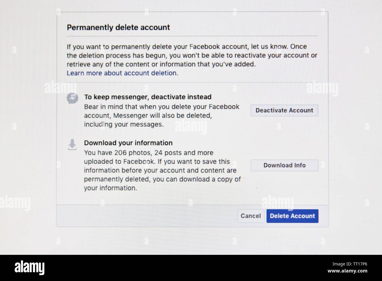 Delete account screen for a Facebook account Stock Photo - Alamy
