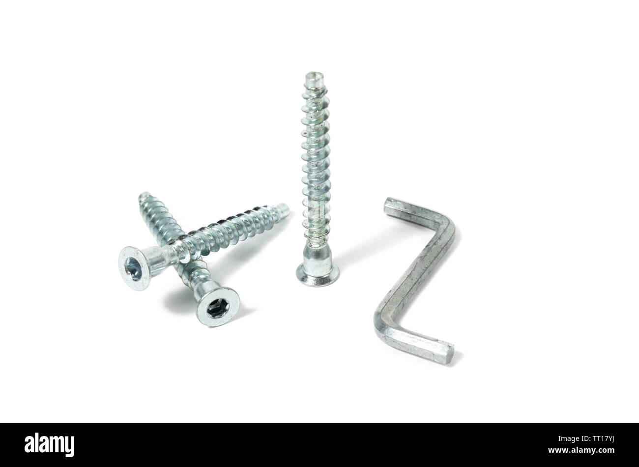 Furniture screws on white background, mounting hardware,close up Stock ...