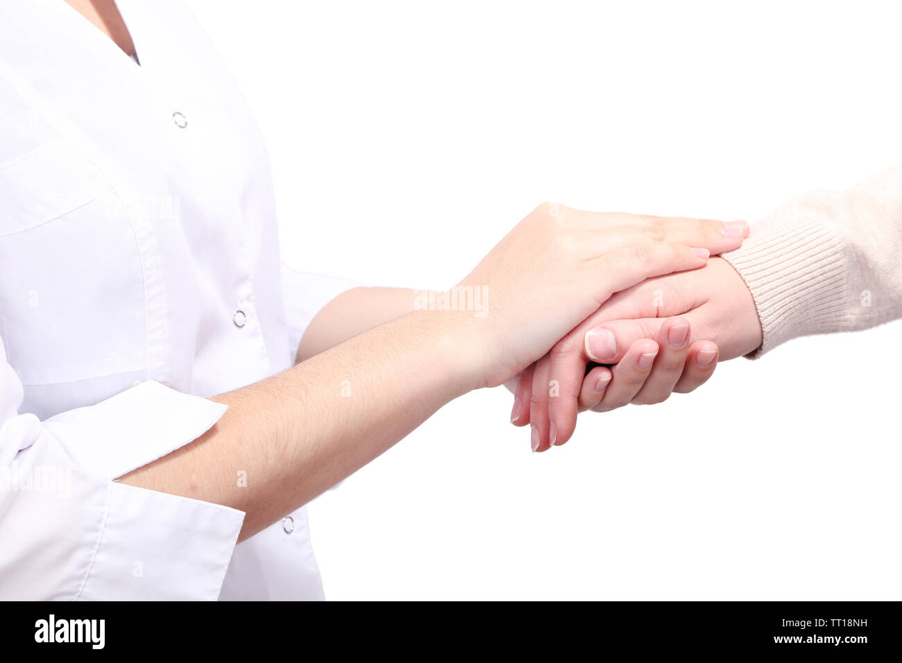 Medical doctor holding hand of patient, isolated on white Stock Photo ...