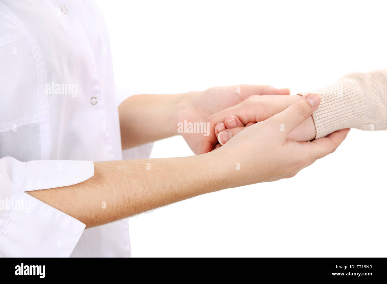 Medical doctor holding hand of patient, isolated on white Stock Photo ...