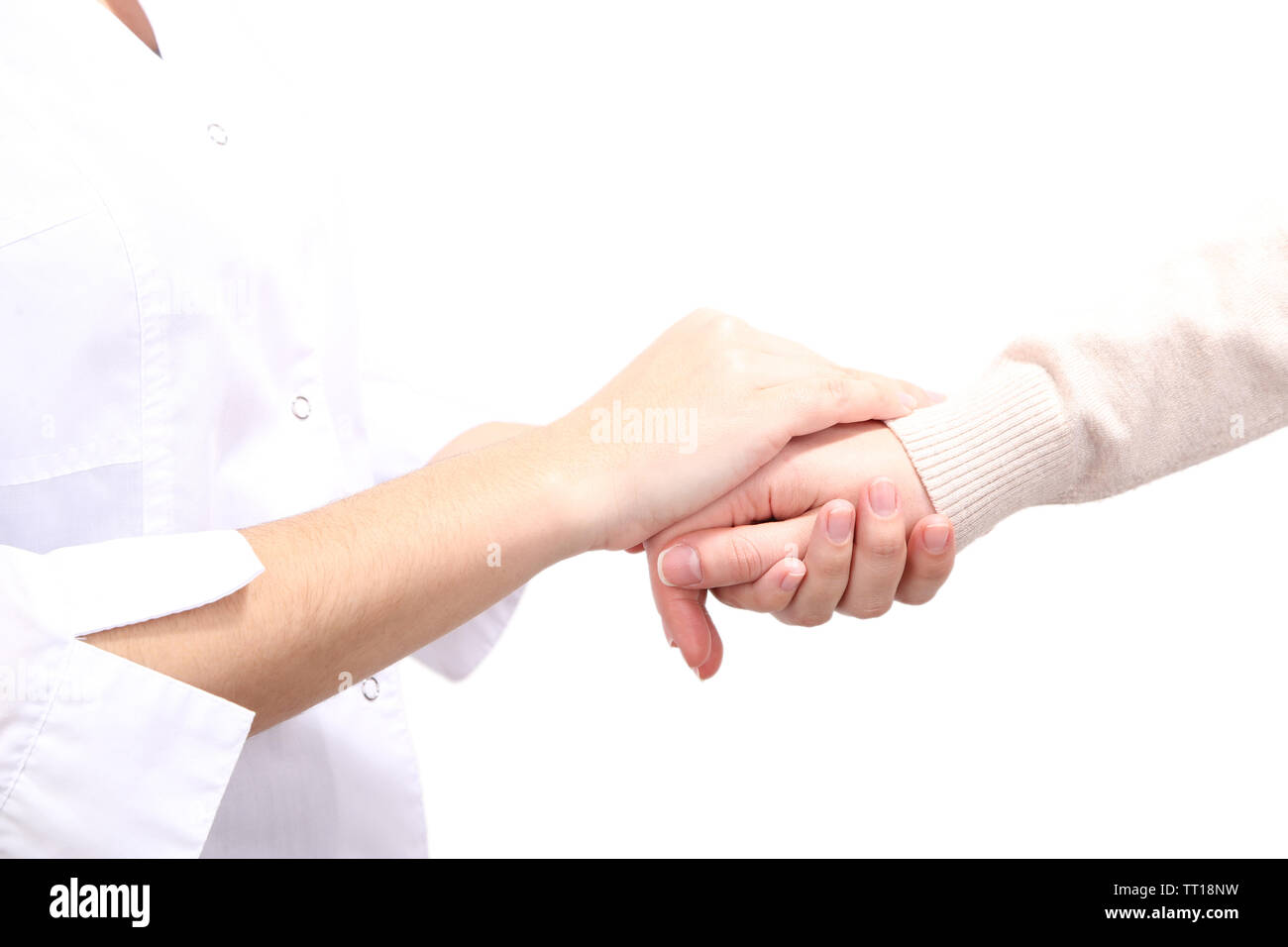 Medical doctor holding hand of patient, isolated on white Stock Photo ...
