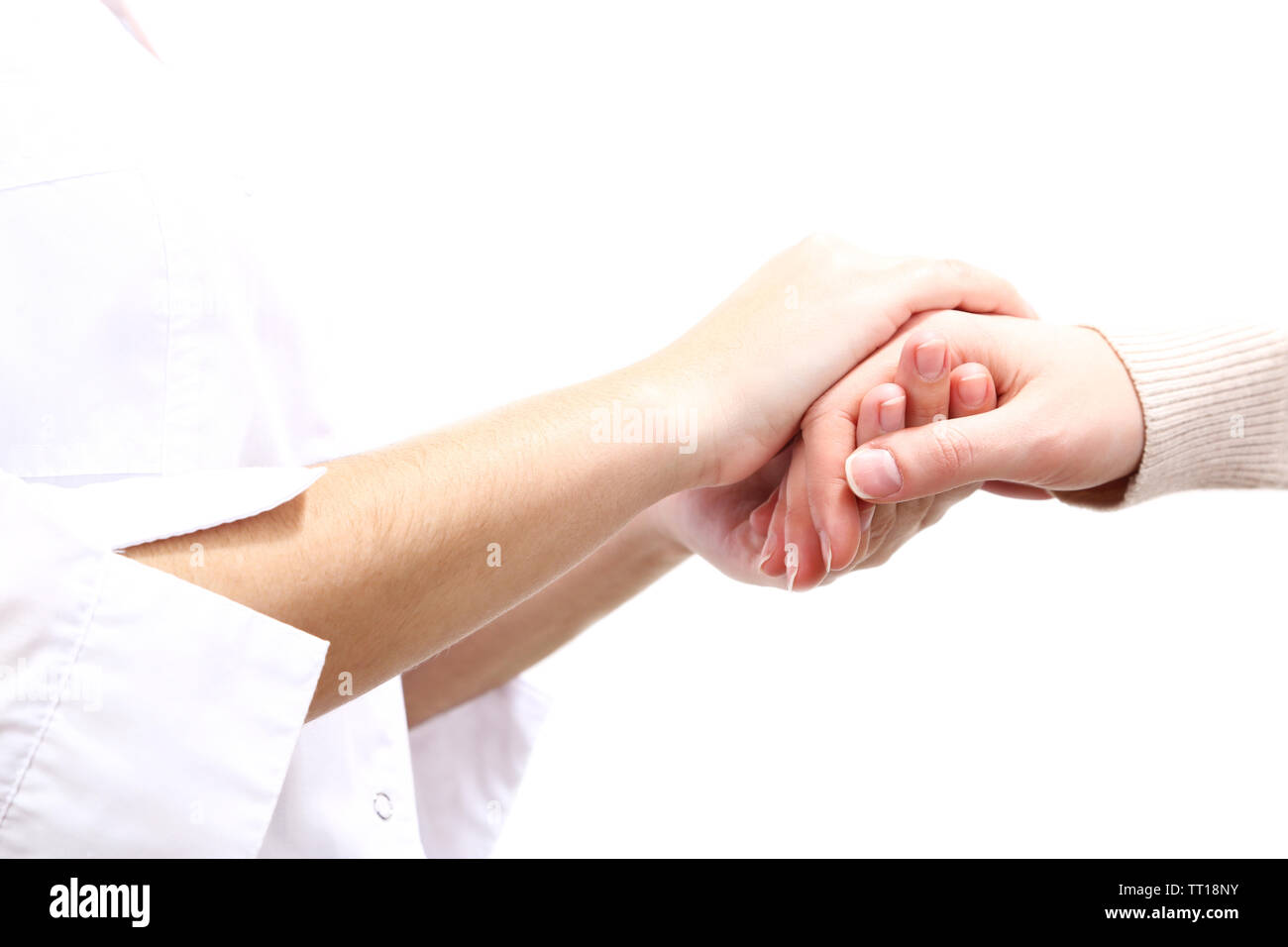 Medical doctor holding hand of patient, isolated on white Stock Photo ...