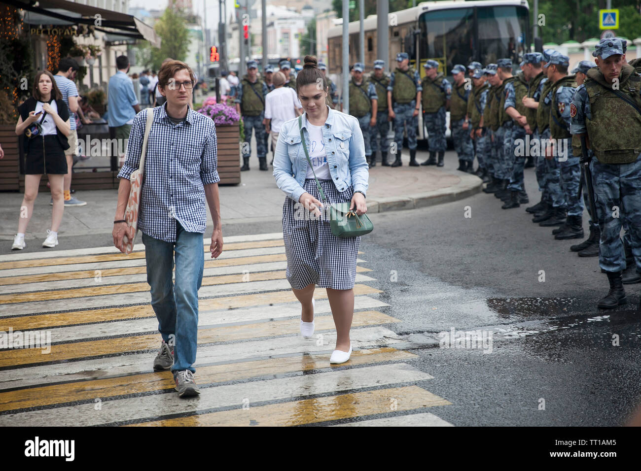 Moscow, RUSSIA - June 12, 2019: Russian policemen stand in a row ...