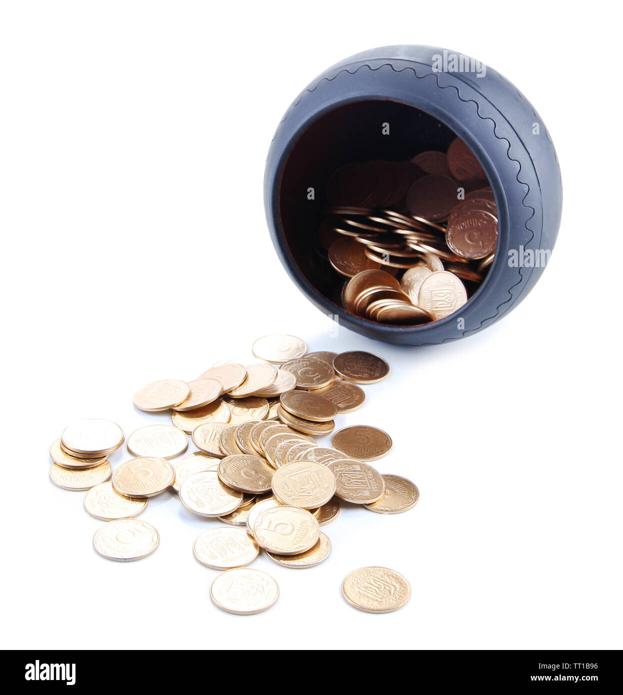 Golden coins falling out from pot, isolated on white background Stock ...