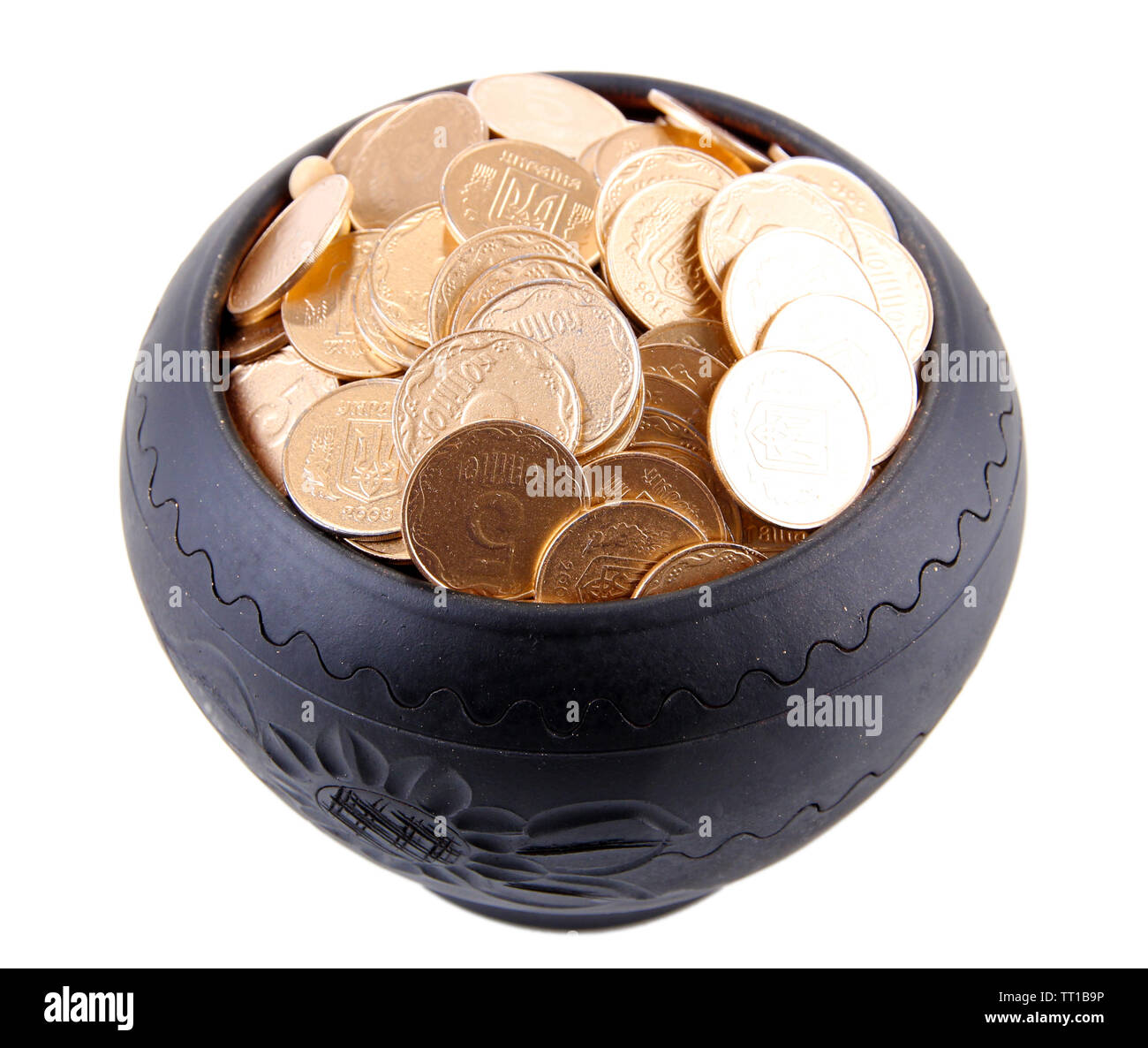 Golden coins in ceramic pot, isolated on white background Stock Photo ...