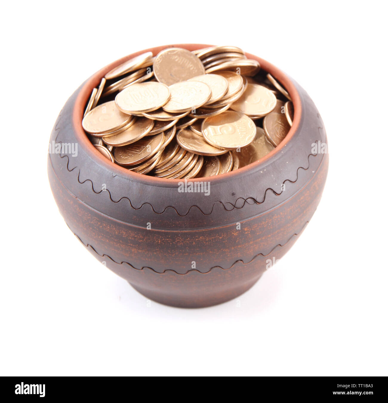 Golden coins in ceramic pot, isolated on white background Stock Photo ...