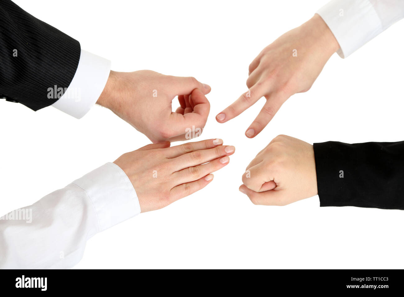 Scissors, paper, stone, scissors - hands isolated on white Stock Photo ...