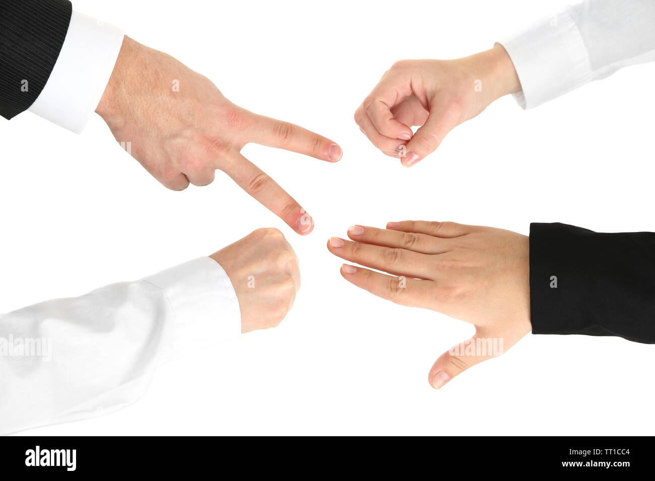 Scissors, paper, stone, scissors - hands isolated on white Stock Photo ...