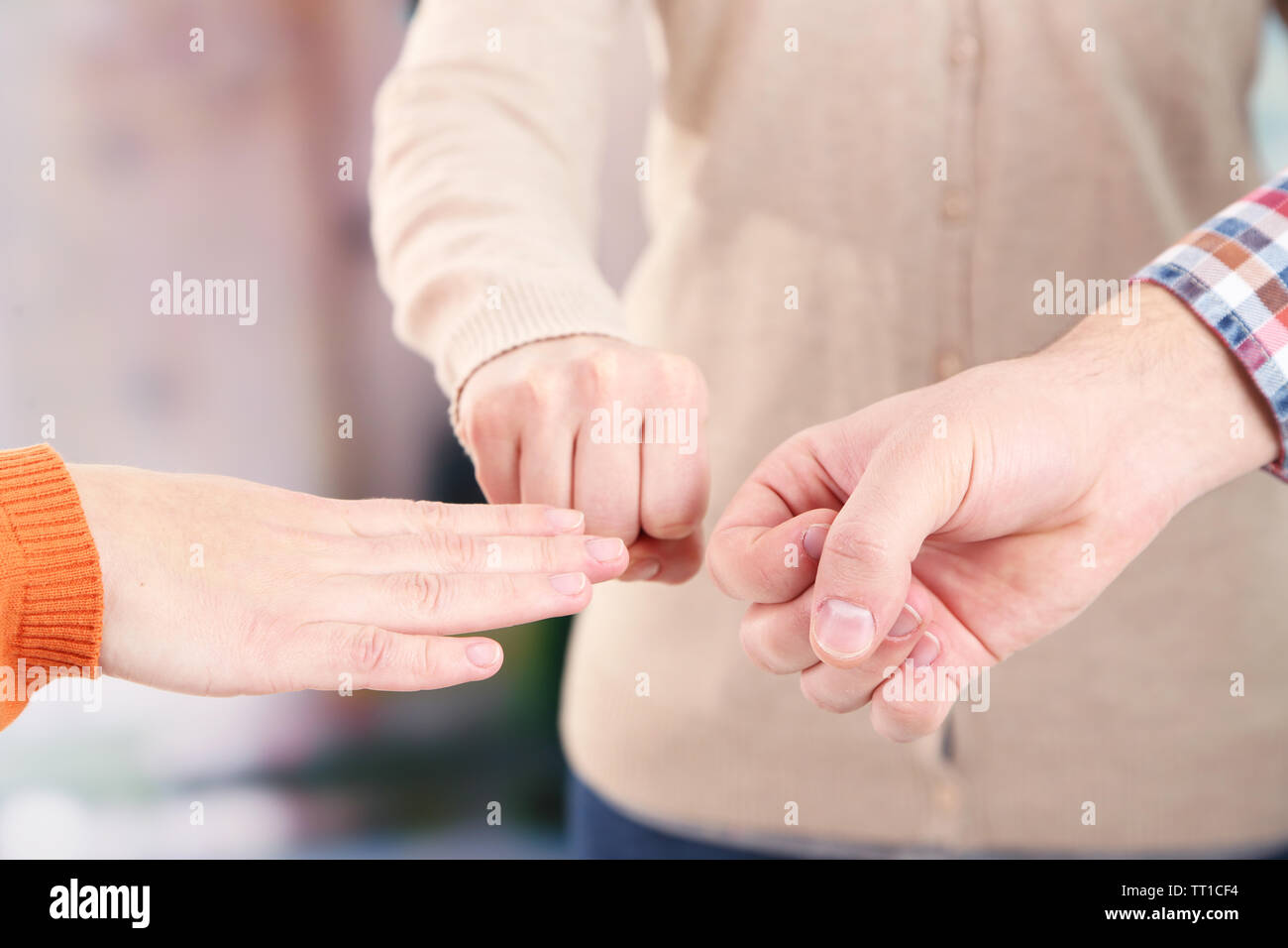 Scissors, paper, stone, scissors - hands on light background Stock ...