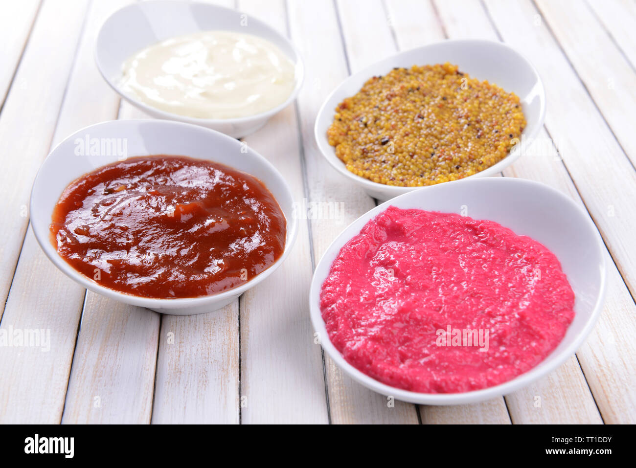 Various sauces on table close-up Stock Photo - Alamy