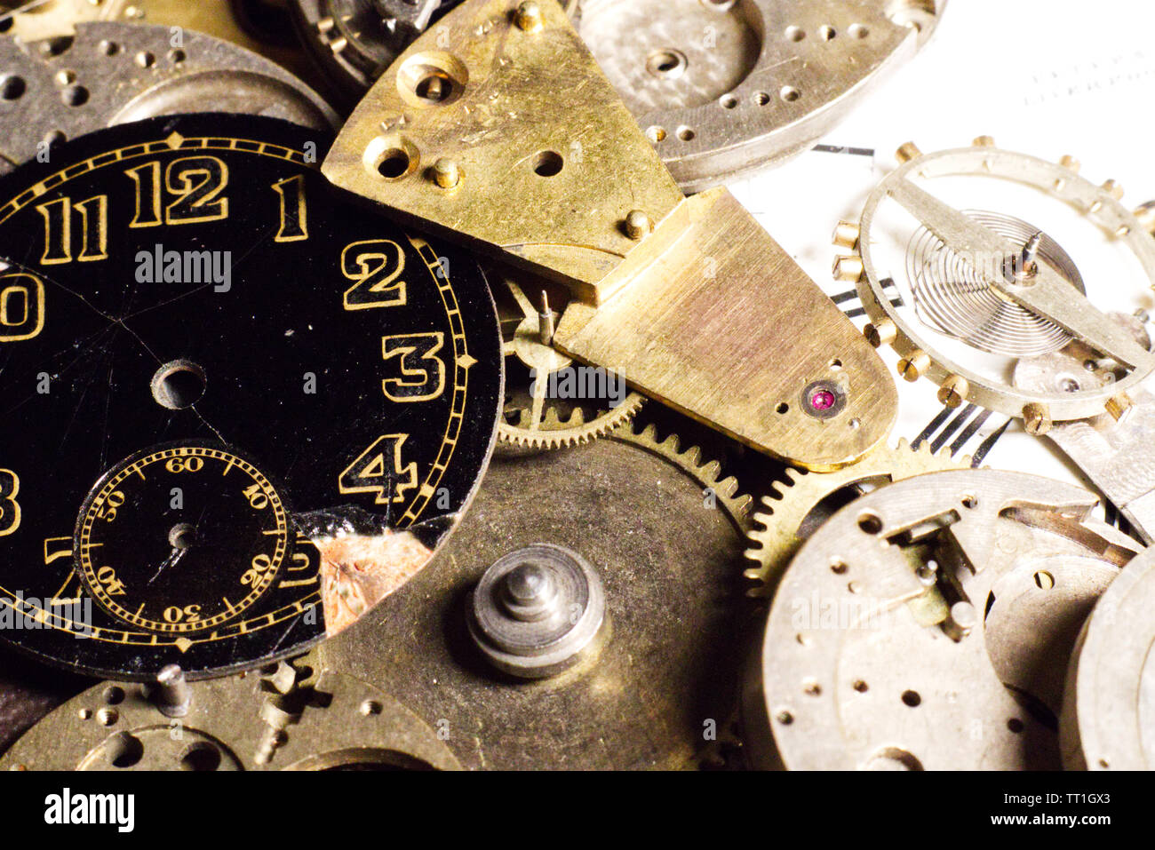 Antique watch parts, cogs, mechanisms, springs and faces Stock Photo ...