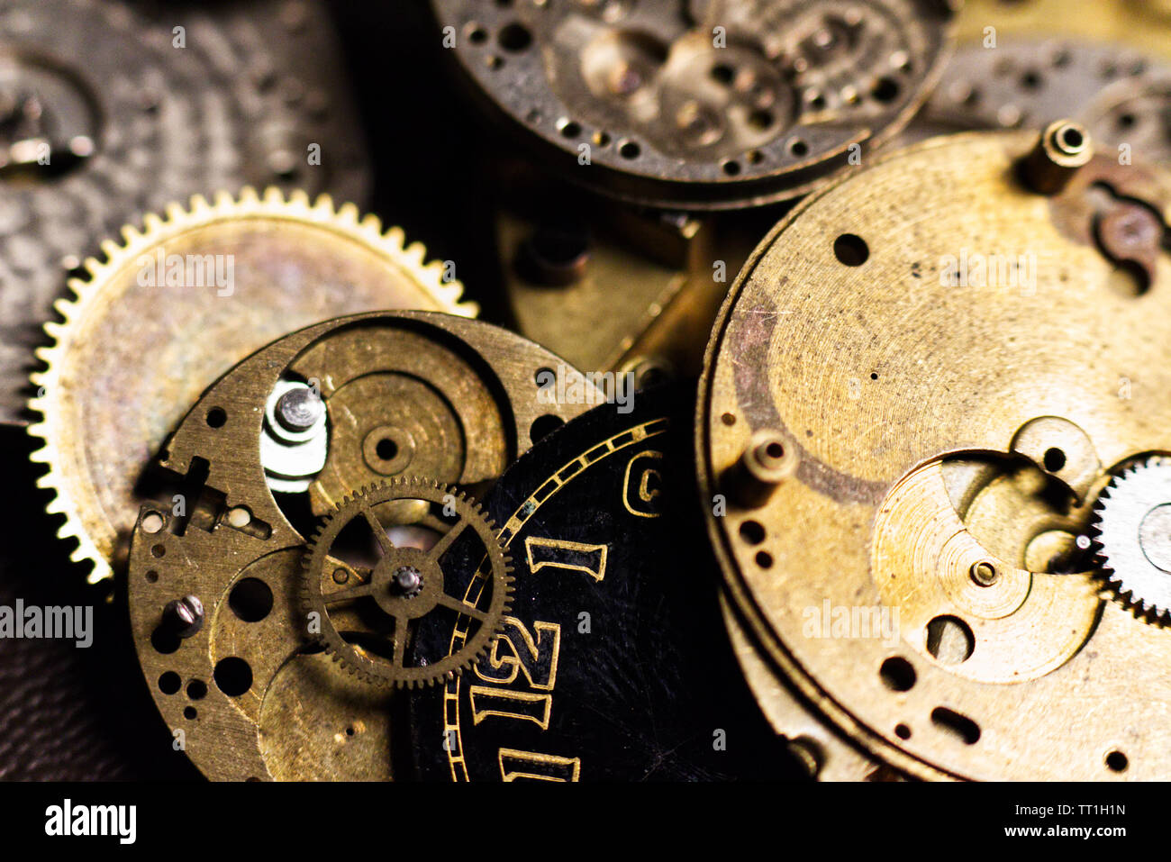 Antique watch parts, cogs, mechanisms, springs and faces Stock Photo ...