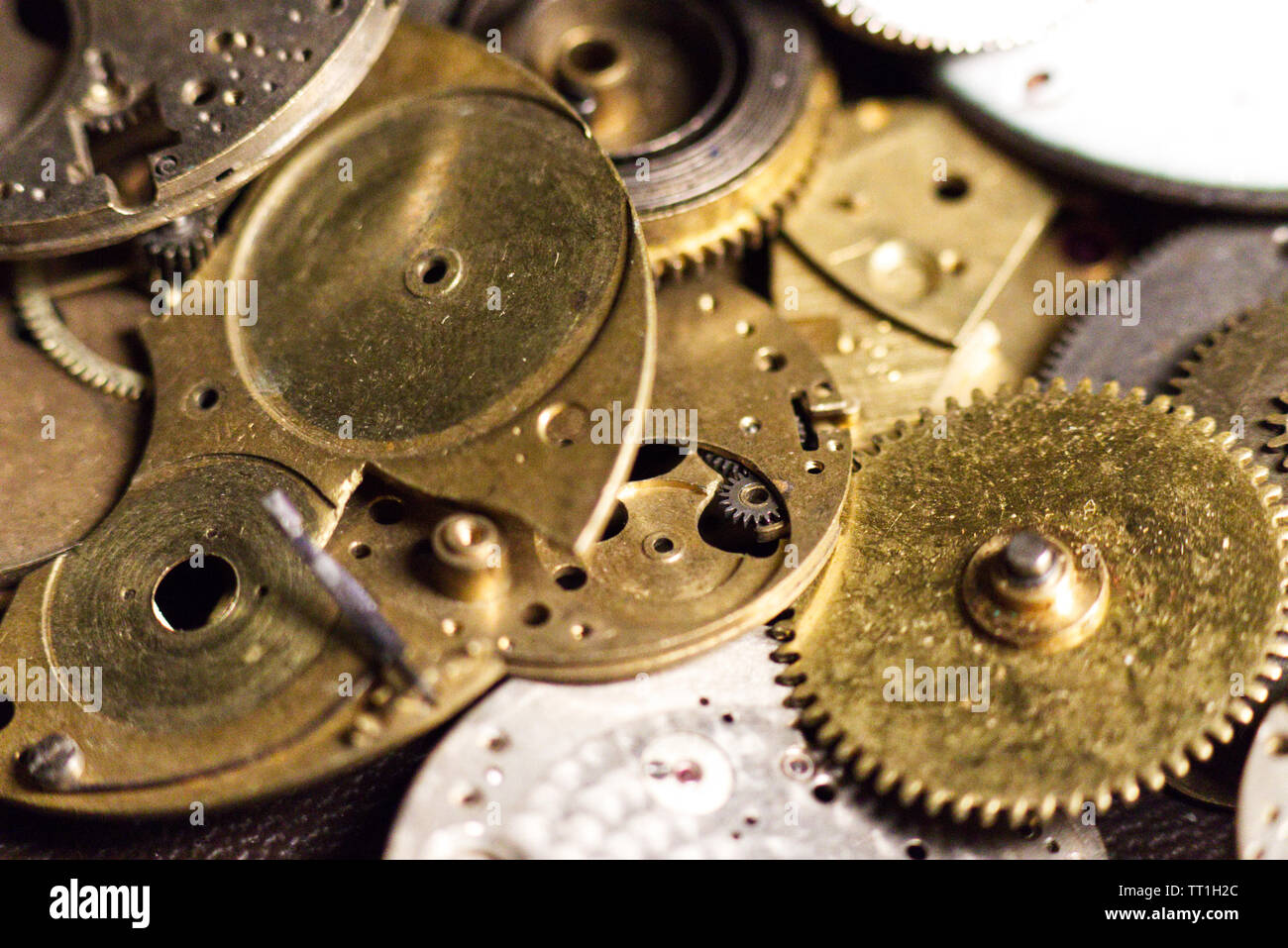 Antique watch parts, cogs, mechanisms, springs and faces Stock Photo ...