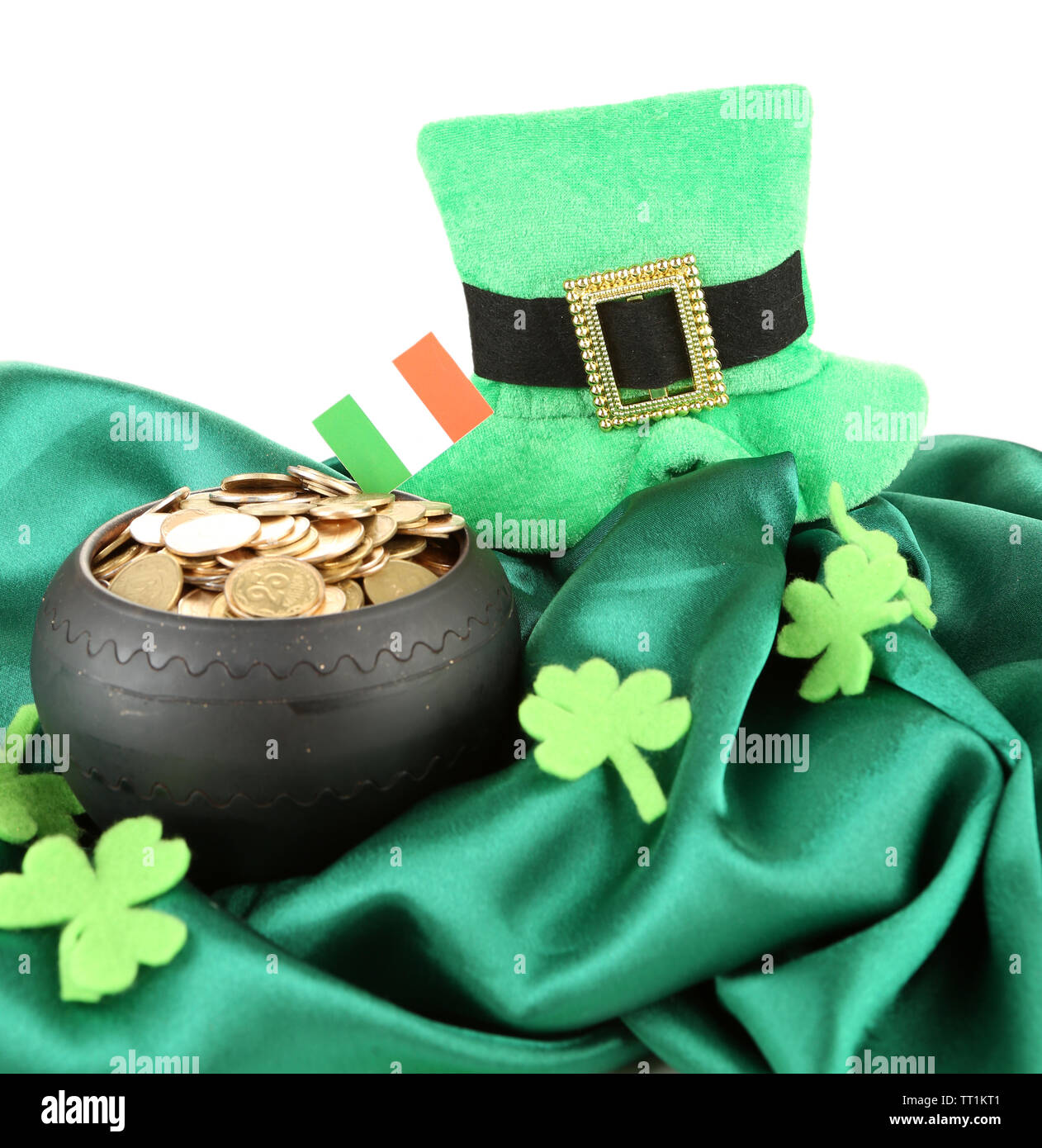 Saint Patrick day hat, pot of gold coins and Irish flag, isolated on ...