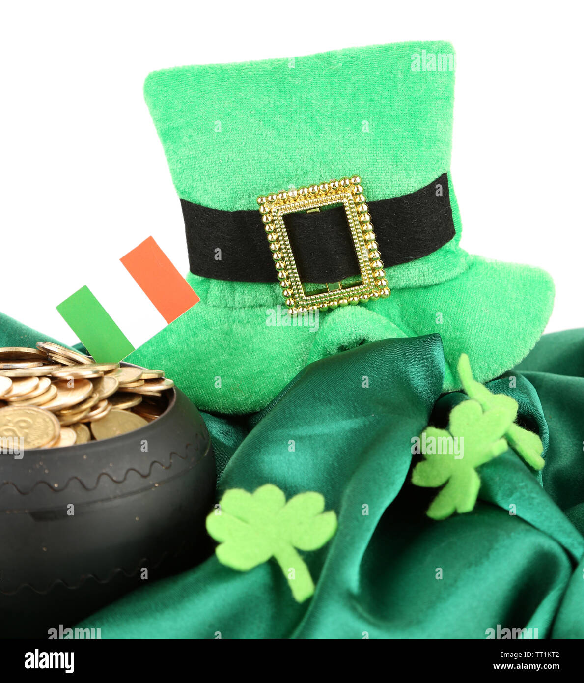 Saint Patrick day hat, pot of gold coins and Irish flag, isolated on ...