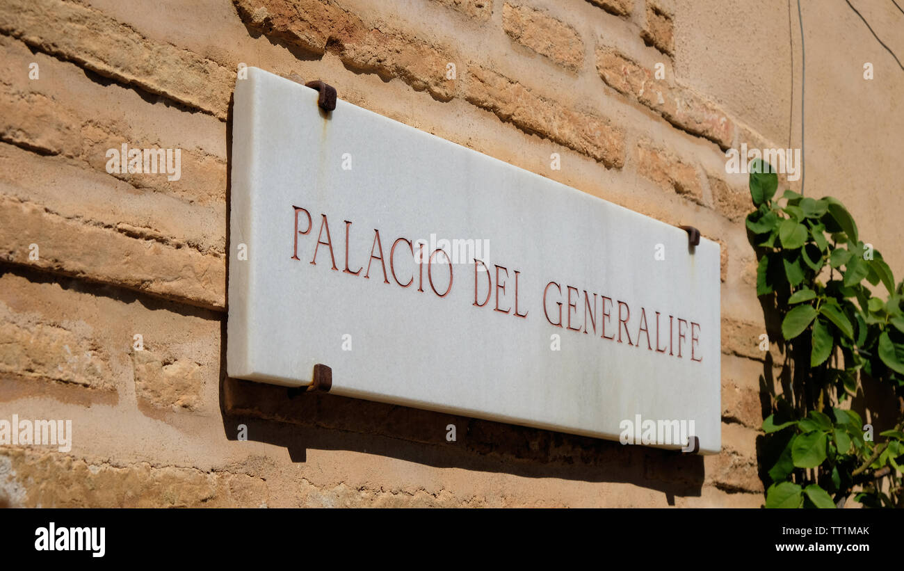 Engraved "Palacio del Generalife" sign at the Alhambra in Granada ...