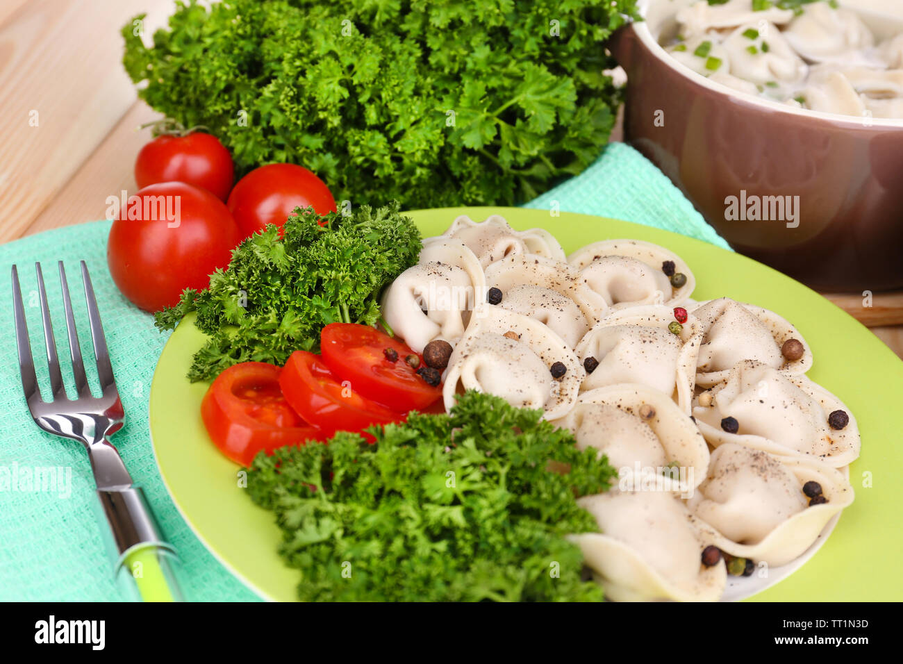 Meat dumplings - russian boiled pelmeni close up Stock Photo - Alamy
