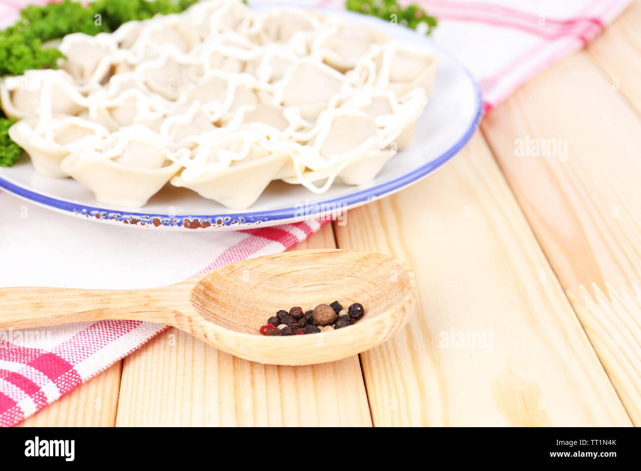 Meat dumplings - russian boiled pelmeni close up Stock Photo - Alamy