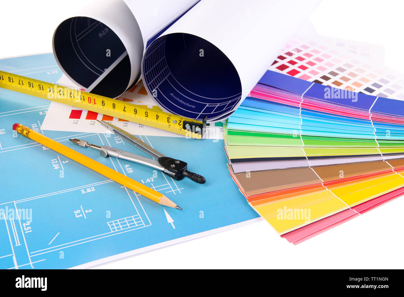 Drawings with tools and color samples close up Stock Photo - Alamy