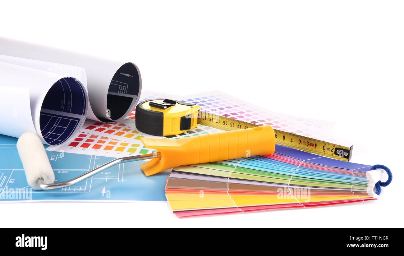 Drawings with tools and color samples isolated on white Stock Photo - Alamy