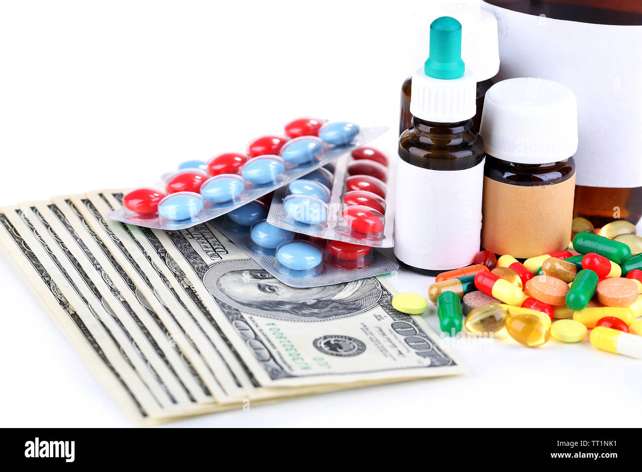 Prescription drugs on money background representing rising health care ...