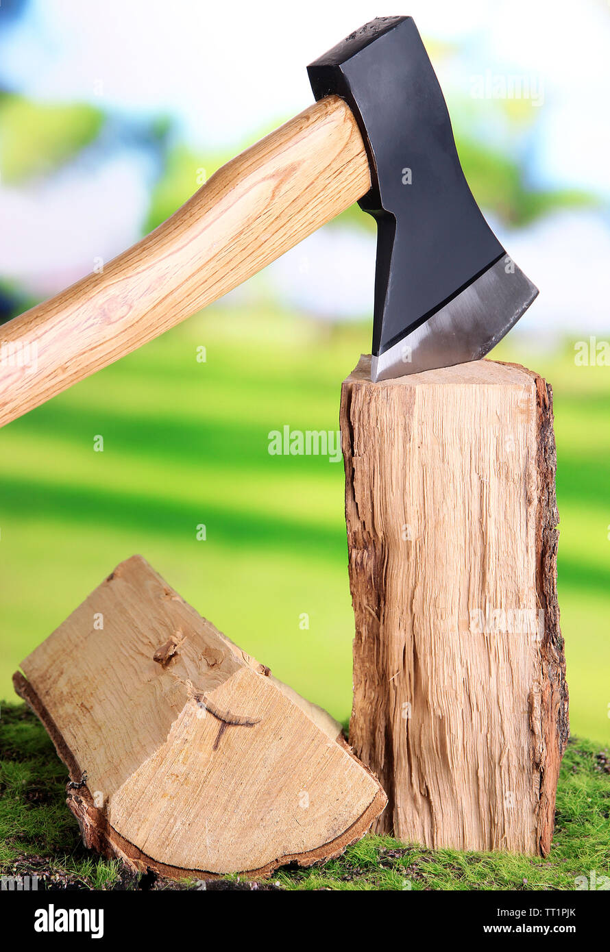 Ax and firewood on green grass, on nature background Stock Photo - Alamy