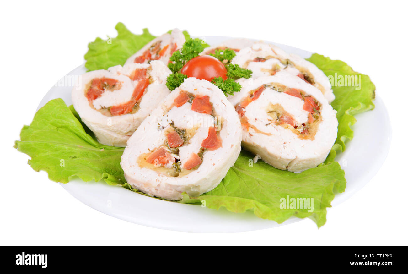 Delicious chicken roll on plate isolated on white Stock Photo - Alamy