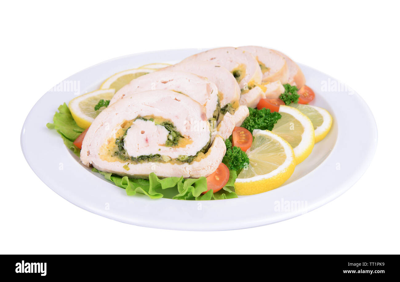 Delicious chicken roll on plate isolated on white Stock Photo - Alamy