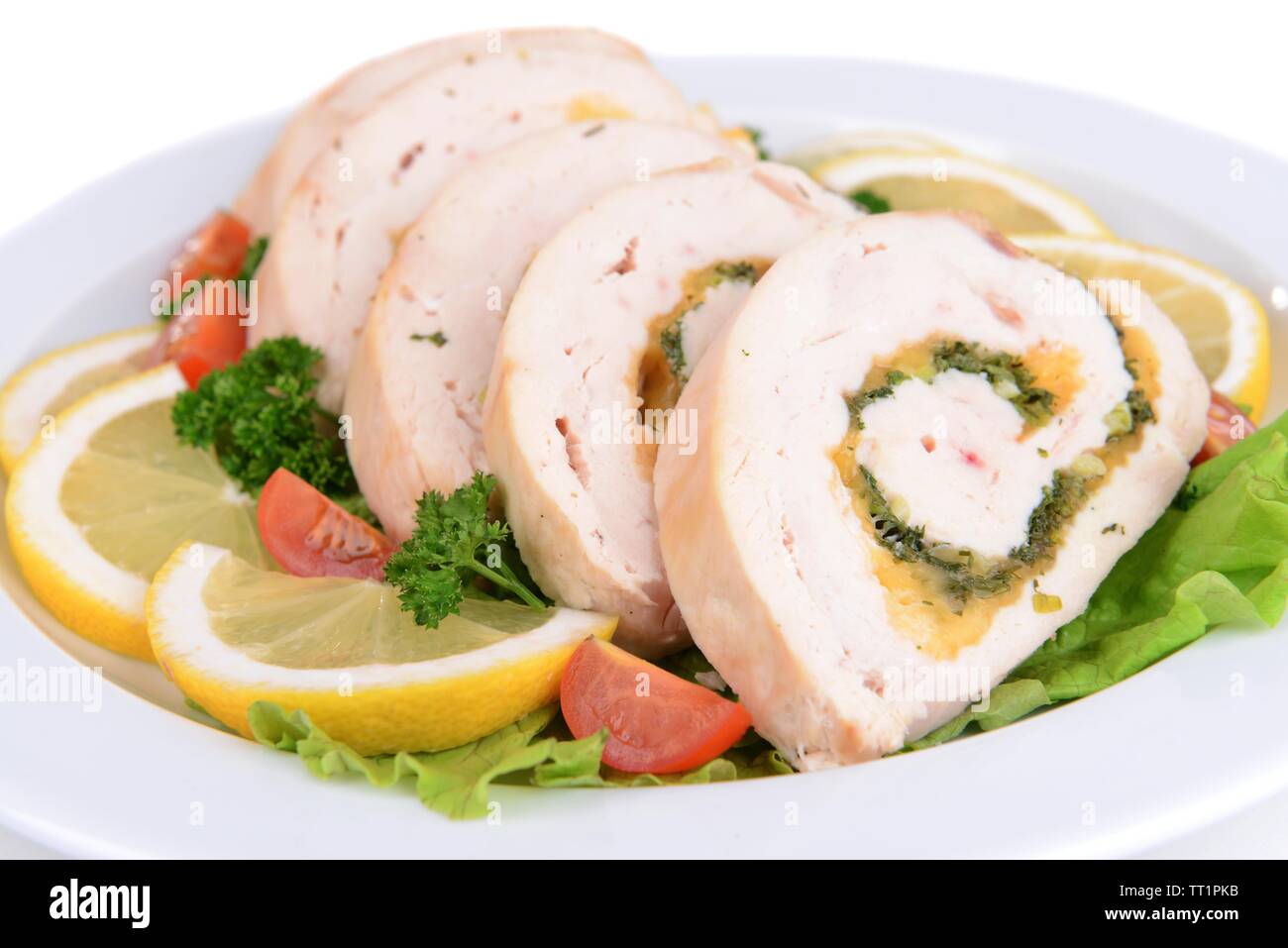 Delicious chicken roll on plate close-up Stock Photo - Alamy