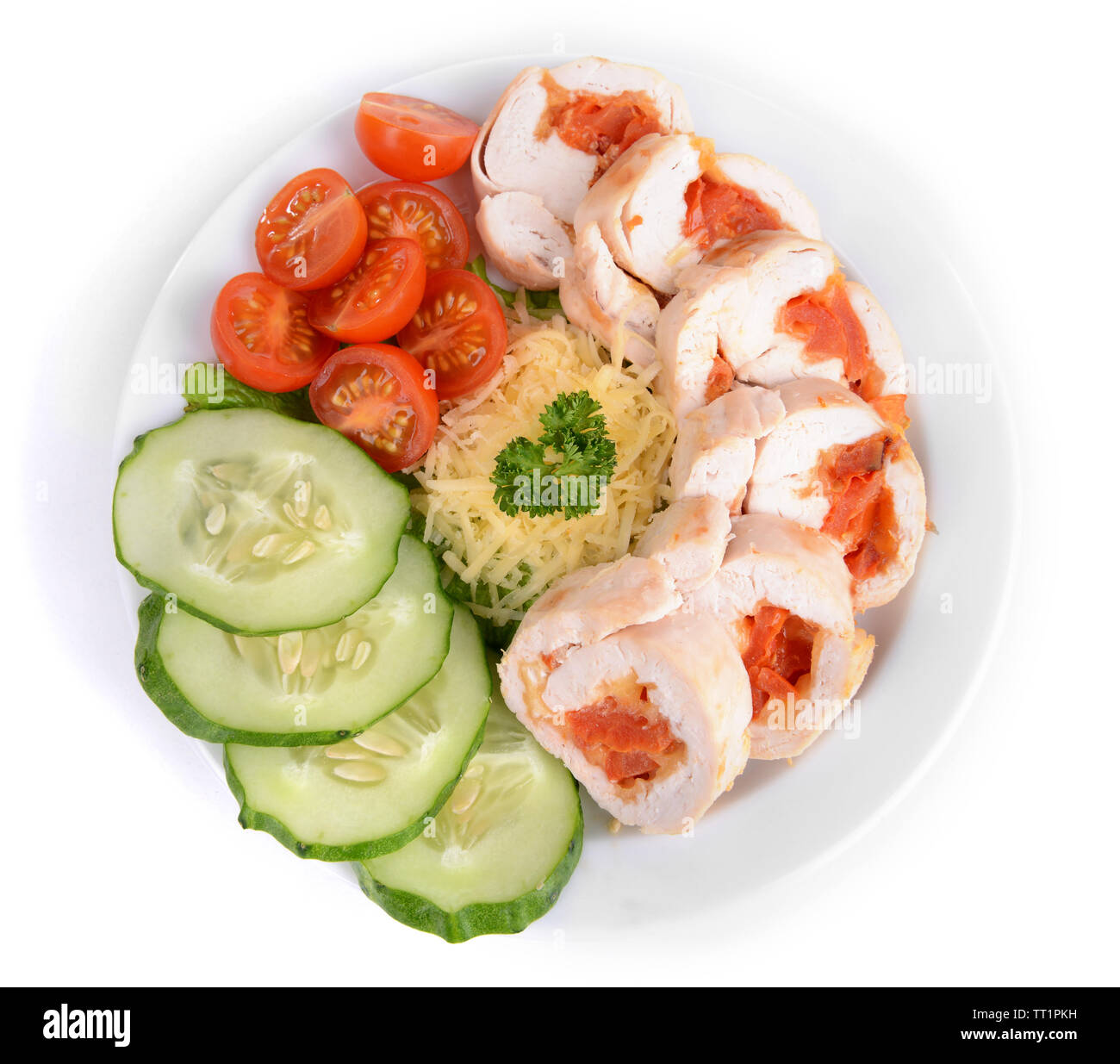 Delicious chicken roll on plate isolated on white Stock Photo - Alamy