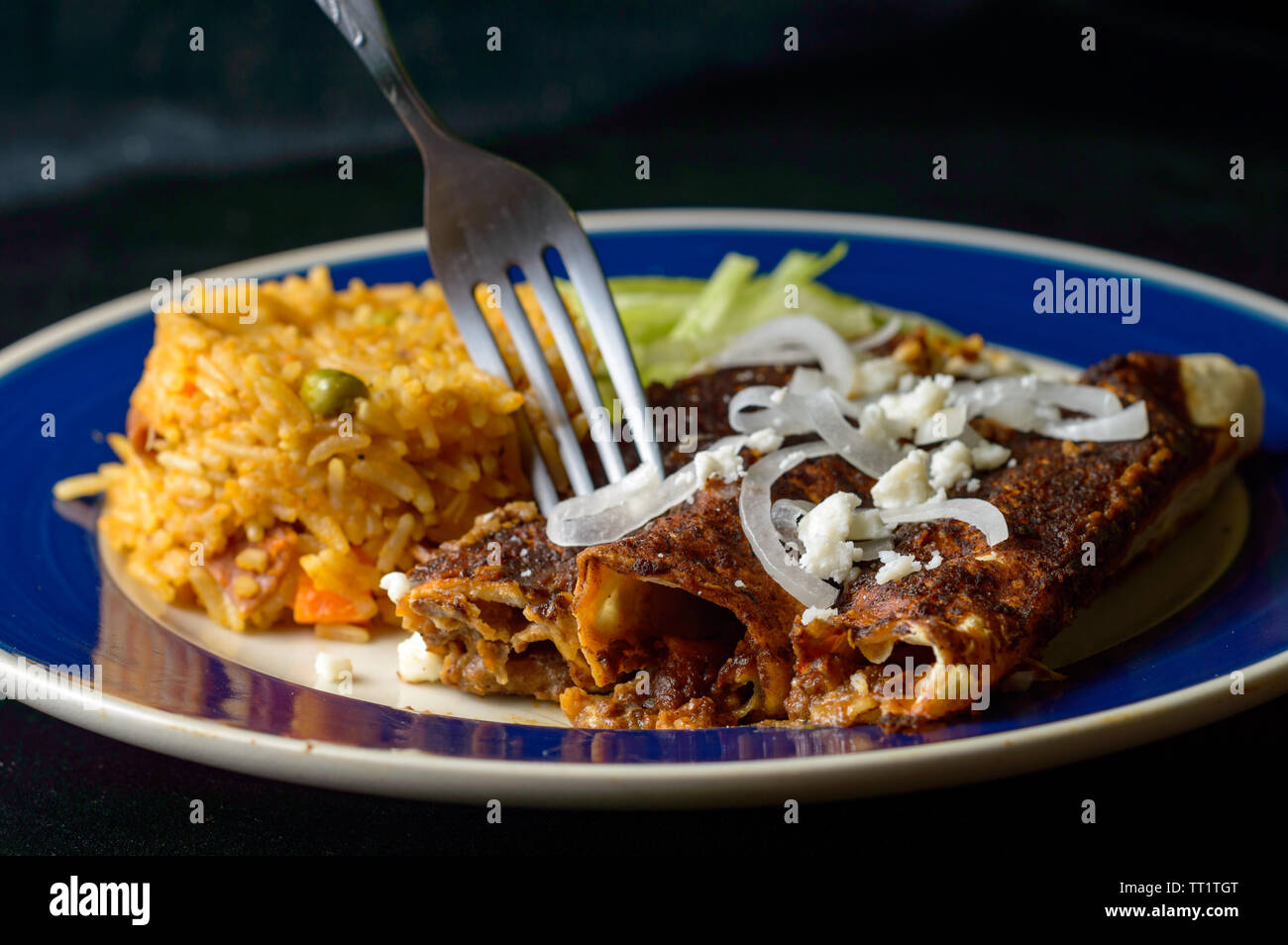 Mexican enmoladas, enchiladas topped with mole sauce and queso fresco ...