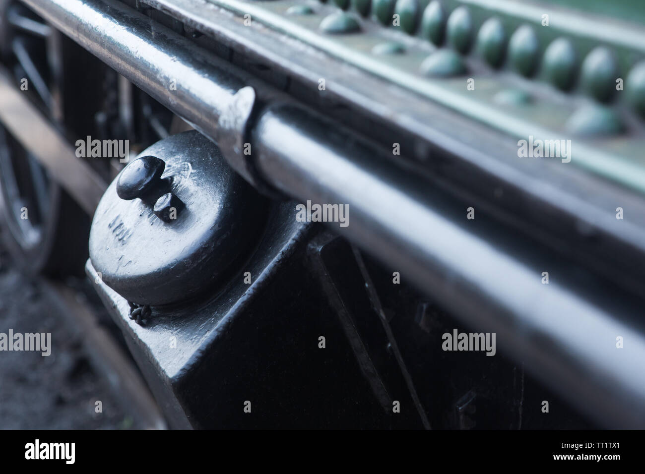 Perspective view of side of railway train locomotive steam engine ...
