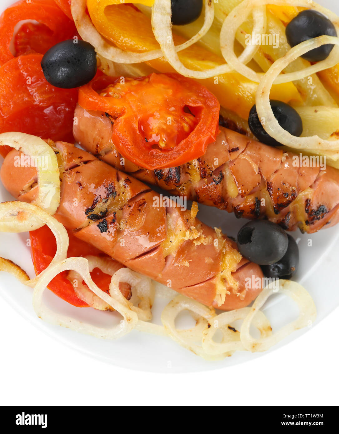 Grilled sausages with vegetables isolated on white Stock Photo - Alamy