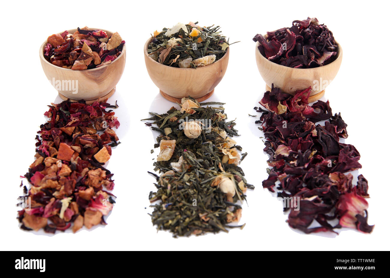 Different kinds of dry tea in bowls isolated on white Stock Photo - Alamy