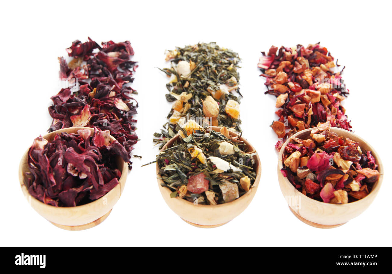Different kinds of dry tea in bowls isolated on white Stock Photo - Alamy