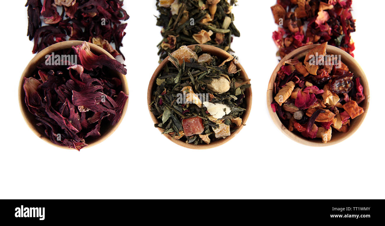 Different kinds of dry tea in bowls isolated on white Stock Photo - Alamy