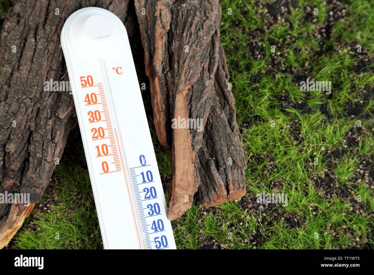 Thermometer on green grass background Stock Photo - Alamy