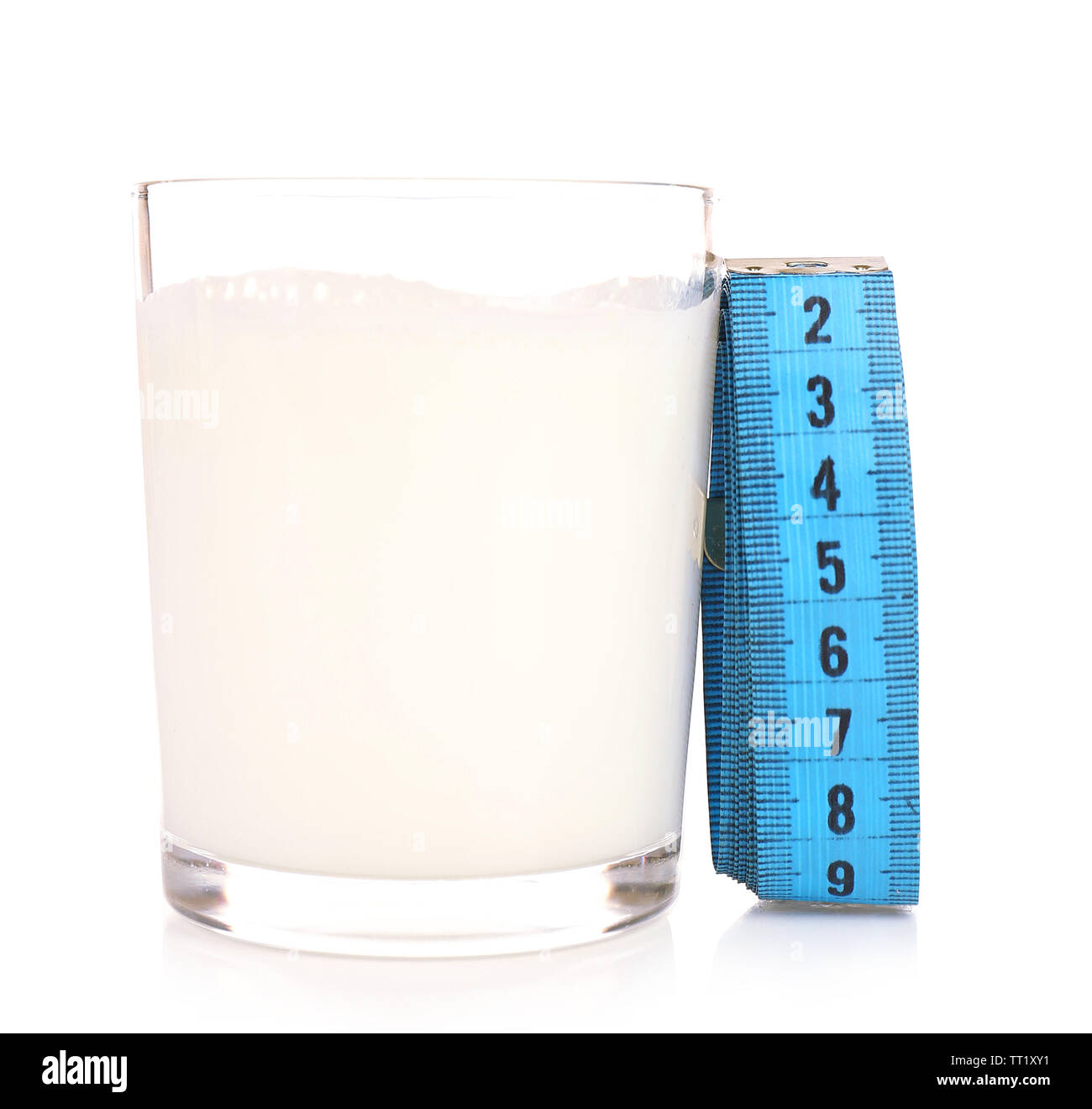 Glass of milk with measuring tape isolated on white Stock Photo - Alamy