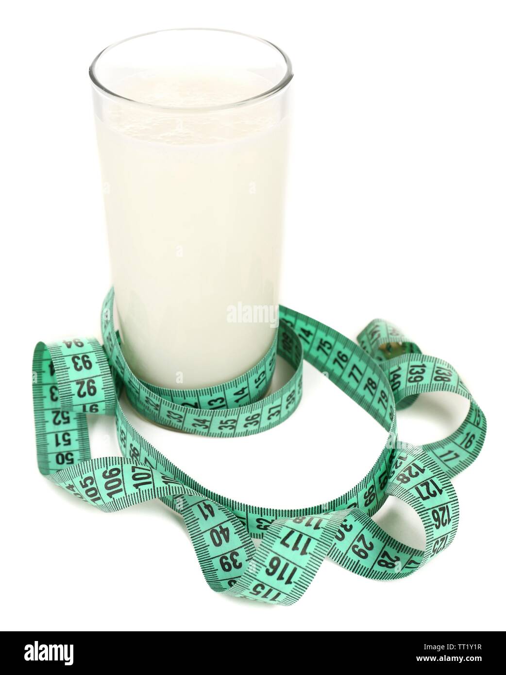 Glass of milk with measuring tape isolated on white Stock Photo - Alamy