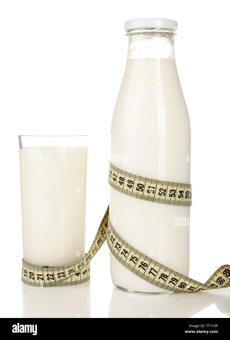 Bottle of milk with measuring tape isolated on white Stock Photo - Alamy