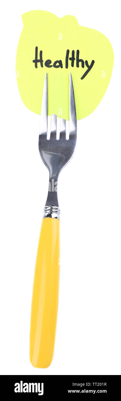 Note paper with message attached to fork, isolated on white Stock Photo ...